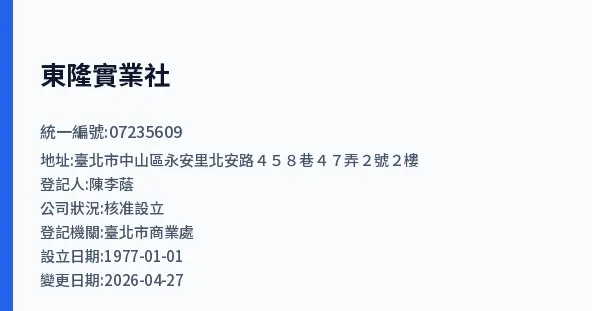 東隆實業社的照片-統編 07235609(臺北市) 公司登記資料與營業項目詳細圖表