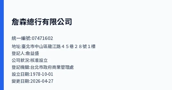 詹森總行有限公司的照片-統編 07471602(臺北市) 公司登記資料與營業項目詳細圖表