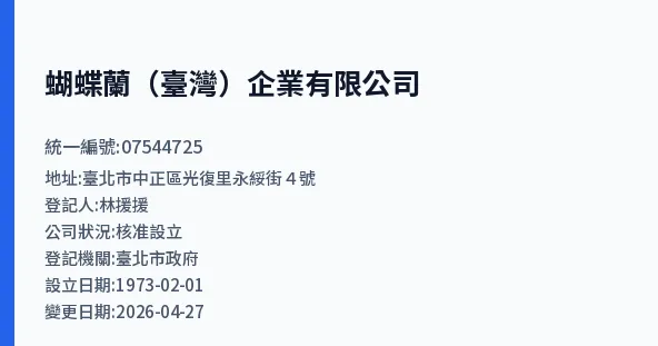 蝴蝶蘭(臺灣)企業有限公司的照片-統編 07544725(臺北市) 公司登記資料與營業項目詳細圖表