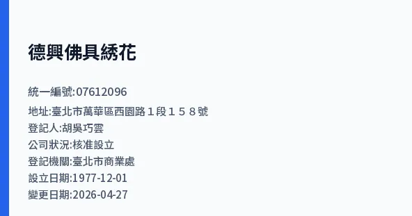 德興佛具綉花的照片-統編 07612096(臺北市) 公司登記資料與營業項目詳細圖表