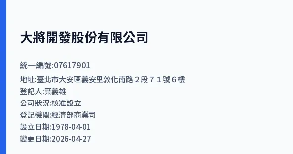 大將開發股份有限公司的照片-統編 07617901(臺北市) 公司登記資料與營業項目詳細圖表
