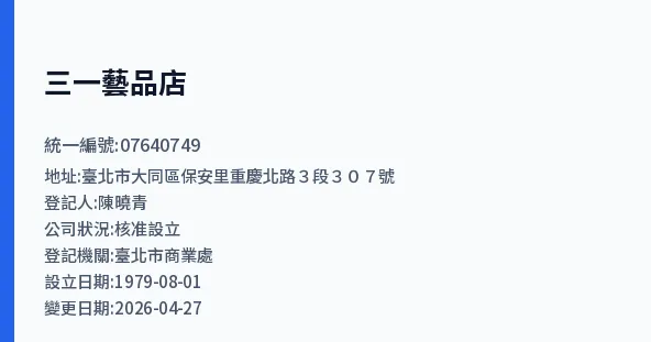三一藝品店的照片-統編 07640749(臺北市) 公司登記資料與營業項目詳細圖表