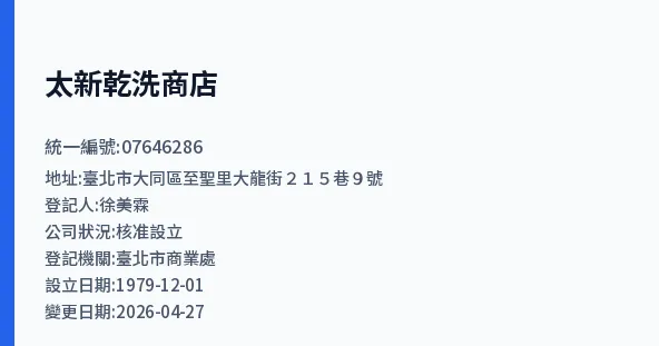 太新乾洗商店的照片-統編 07646286(臺北市) 公司登記資料與營業項目詳細圖表