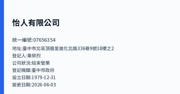怡人有限公司的照片-統編 07656354(臺中市) 公司登記資料與營業項目詳細圖表