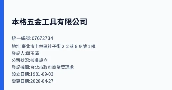 本格五金工具有限公司的照片-統編 07672734(臺北市) 公司登記資料與營業項目詳細圖表