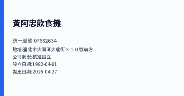 黃阿忠飲食攤的照片-統編 07682634(臺北市) 公司登記資料與營業項目詳細圖表
