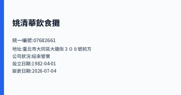 姚清華飲食攤的照片-統編 07682661(臺北市) 公司登記資料與營業項目詳細圖表