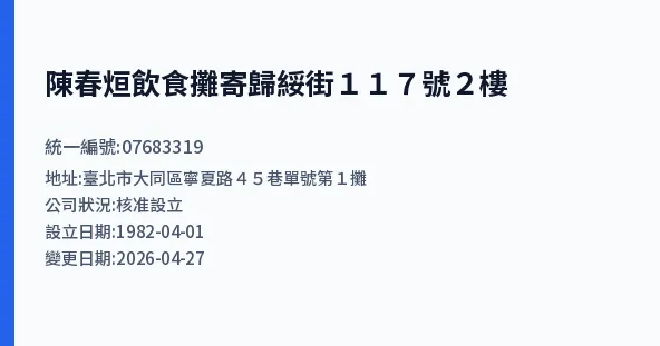 陳春烜飲食攤寄歸綏街117號2樓的照片-統編 07683319(臺北市) 公司登記資料與營業項目詳細圖表