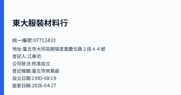 東大服裝材料行的照片-統編 07712433(臺北市) 公司登記資料與營業項目詳細圖表