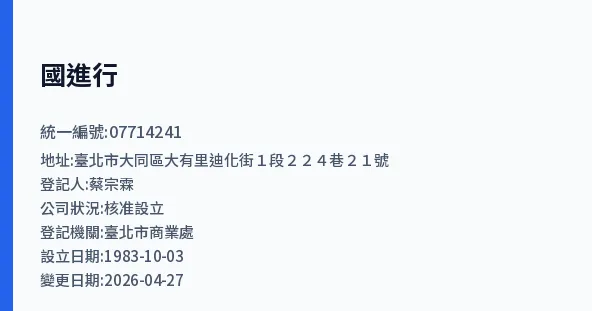 國進行的照片-統編 07714241(臺北市) 公司登記資料與營業項目詳細圖表
