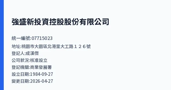 強盛新投資控股股份有限公司的照片-統編 07715023(桃園市) 公司登記資料與營業項目詳細圖表