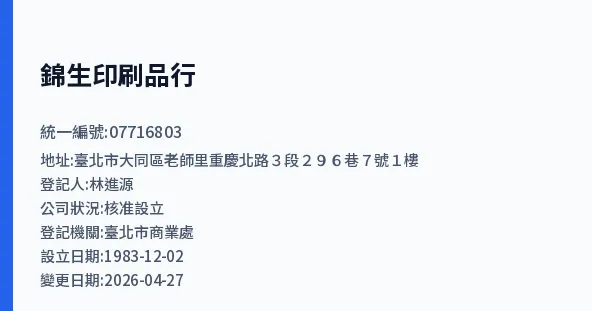 錦生印刷品行的照片-統編 07716803(臺北市) 公司登記資料與營業項目詳細圖表