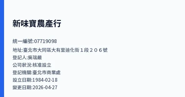 新味寶農產行的照片-統編 07719098(臺北市) 公司登記資料與營業項目詳細圖表