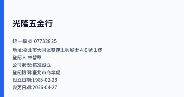 光隆五金行的照片-統編 07732825(臺北市) 公司登記資料與營業項目詳細圖表