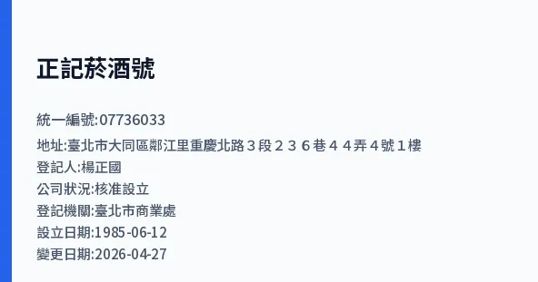 正記菸酒號的照片-統編 07736033(臺北市) 公司登記資料與營業項目詳細圖表