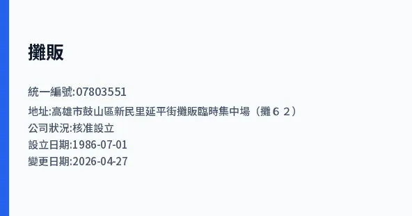攤販的照片-統編 07803551(高雄市) 公司登記資料與營業項目詳細圖表