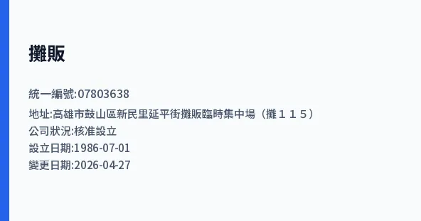 攤販的照片-統編 07803638(高雄市) 公司登記資料與營業項目詳細圖表