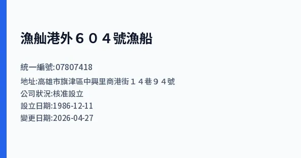 漁舢港外604號漁船的照片-統編 07807418(高雄市) 公司登記資料與營業項目詳細圖表