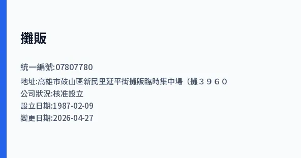 攤販的照片-統編 07807780(高雄市) 公司登記資料與營業項目詳細圖表