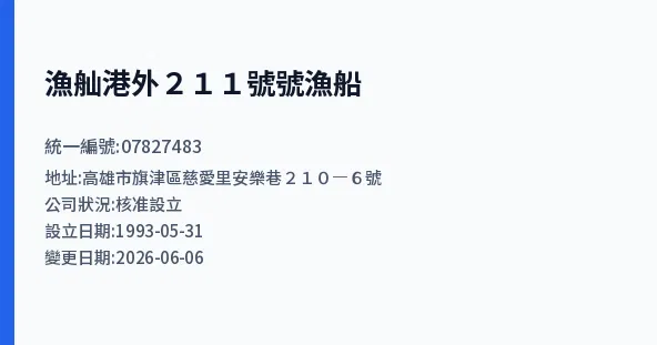 漁舢港外211號號漁船的照片-統編 07827483(高雄市) 公司登記資料與營業項目詳細圖表