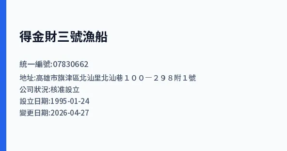 得金財三號漁船的照片-統編 07830662(高雄市) 公司登記資料與營業項目詳細圖表
