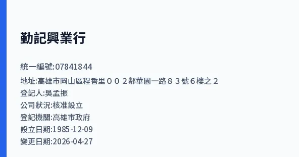 勤記興業行的照片-統編 07841844(高雄市) 公司登記資料與營業項目詳細圖表