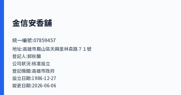 金信安香舖的照片-統編 07859457(高雄市) 公司登記資料與營業項目詳細圖表