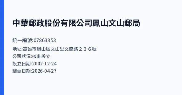 中華郵政股份有限公司鳳山文山郵局的照片-統編 07863353(高雄市) 公司登記資料與營業項目詳細圖表