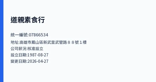 道親素食行的照片-統編 07866534(高雄市) 公司登記資料與營業項目詳細圖表