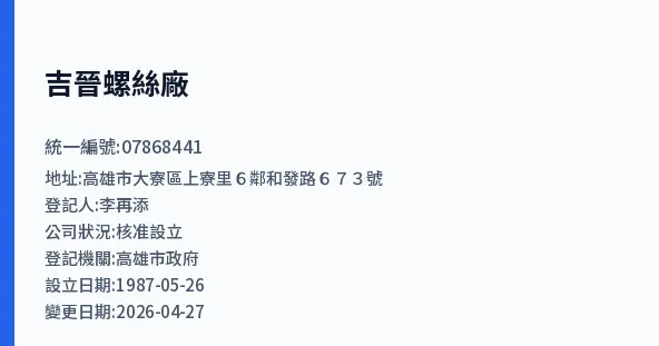吉晉螺絲廠的照片-統編 07868441(高雄市) 公司登記資料與營業項目詳細圖表