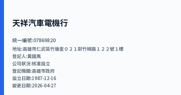 天祥汽車電機行的照片-統編 07869820(高雄市) 公司登記資料與營業項目詳細圖表