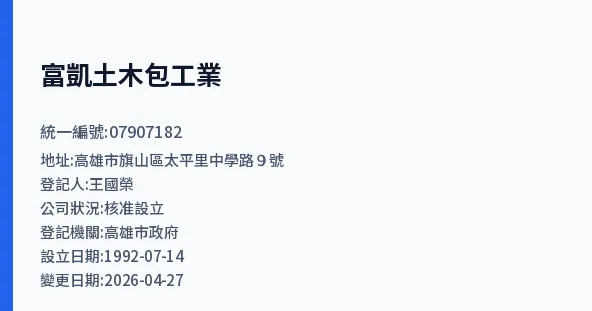 富凱土木包工業的照片-統編 07907182(高雄市) 公司登記資料與營業項目詳細圖表