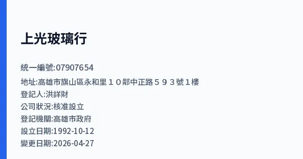 上光玻璃行的照片-統編 07907654(高雄市) 公司登記資料與營業項目詳細圖表