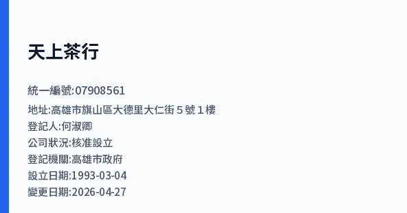 天上茶行的照片-統編 07908561(高雄市) 公司登記資料與營業項目詳細圖表