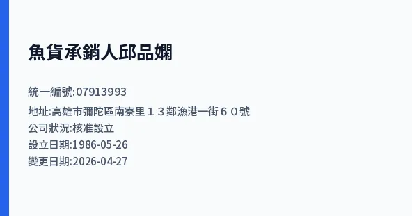 魚貨承銷人邱品嫻的照片-統編 07913993(高雄市) 公司登記資料與營業項目詳細圖表