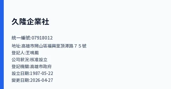 久隆企業社的照片-統編 07918012(高雄市) 公司登記資料與營業項目詳細圖表