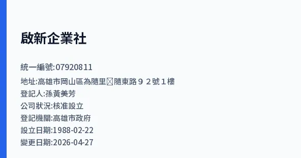 啟新企業社的照片-統編 07920811(高雄市) 公司登記資料與營業項目詳細圖表