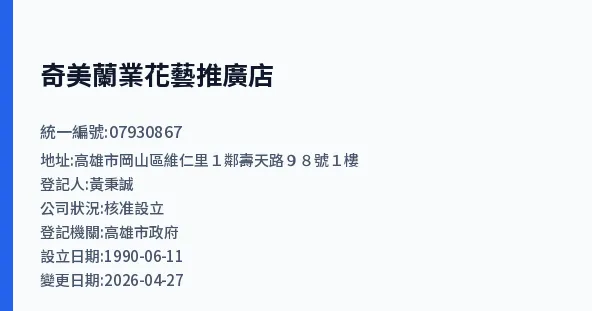 奇美蘭業花藝推廣店的照片-統編 07930867(高雄市) 公司登記資料與營業項目詳細圖表