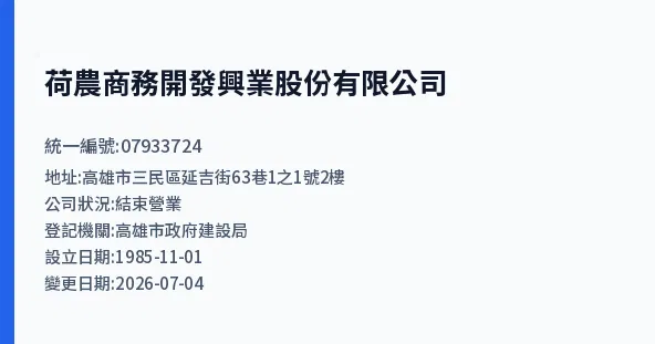 荷農商務開發興業股份有限公司的照片-統編 07933724(高雄市) 公司登記資料與營業項目詳細圖表