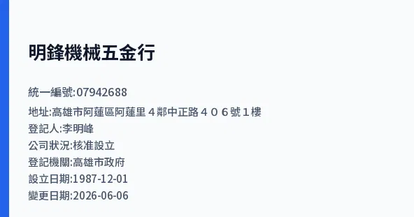 明鋒機械五金行的照片-統編 07942688(高雄市) 公司登記資料與營業項目詳細圖表