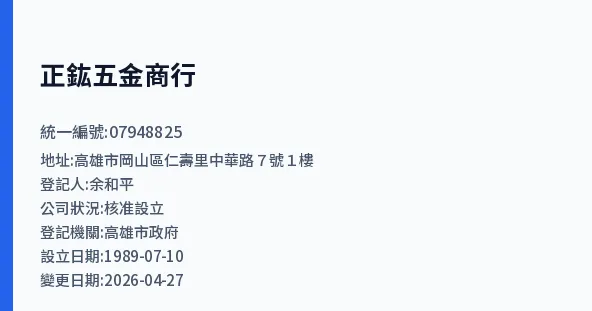 正鈜五金商行的照片-統編 07948825(高雄市) 公司登記資料與營業項目詳細圖表