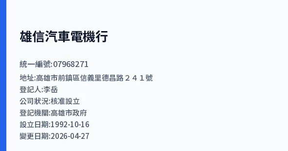 雄信汽車電機行的照片-統編 07968271(高雄市) 公司登記資料與營業項目詳細圖表