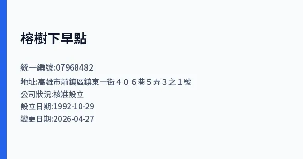 榕樹下早點的照片-統編 07968482(高雄市) 公司登記資料與營業項目詳細圖表