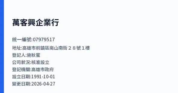 萬客興企業行的照片-統編 07979517(高雄市) 公司登記資料與營業項目詳細圖表