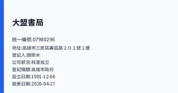 大盟書局的照片-統編 07980296(高雄市) 公司登記資料與營業項目詳細圖表