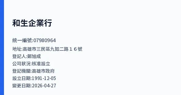 和生企業行的照片-統編 07980964(高雄市) 公司登記資料與營業項目詳細圖表