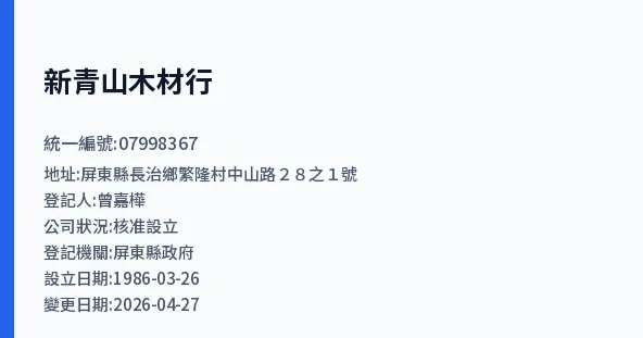 新青山木材行的照片-統編 07998367(屏東縣) 公司登記資料與營業項目詳細圖表