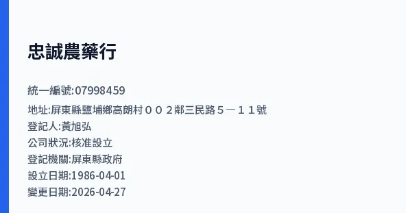 忠誠農藥行的照片-統編 07998459(屏東縣) 公司登記資料與營業項目詳細圖表