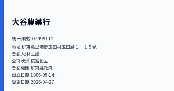 大谷農藥行的照片-統編 07999112(屏東縣) 公司登記資料與營業項目詳細圖表