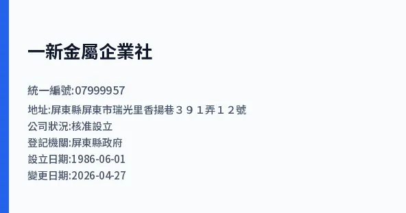 一新金屬企業社的照片-統編 07999957(屏東縣) 公司登記資料與營業項目詳細圖表